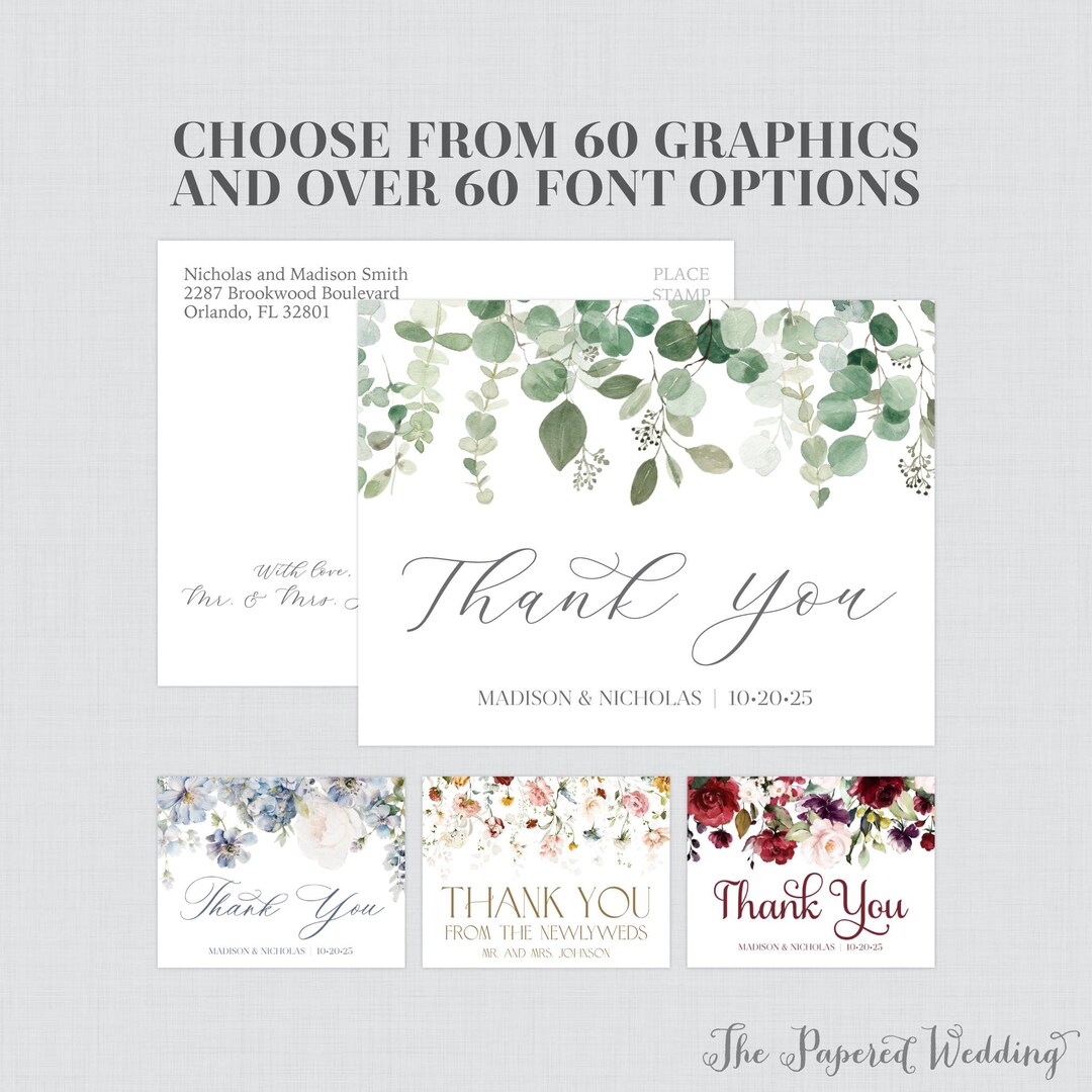 Printed OR Printable Thank You Postcards - Choose Flower Graphic, Font ...