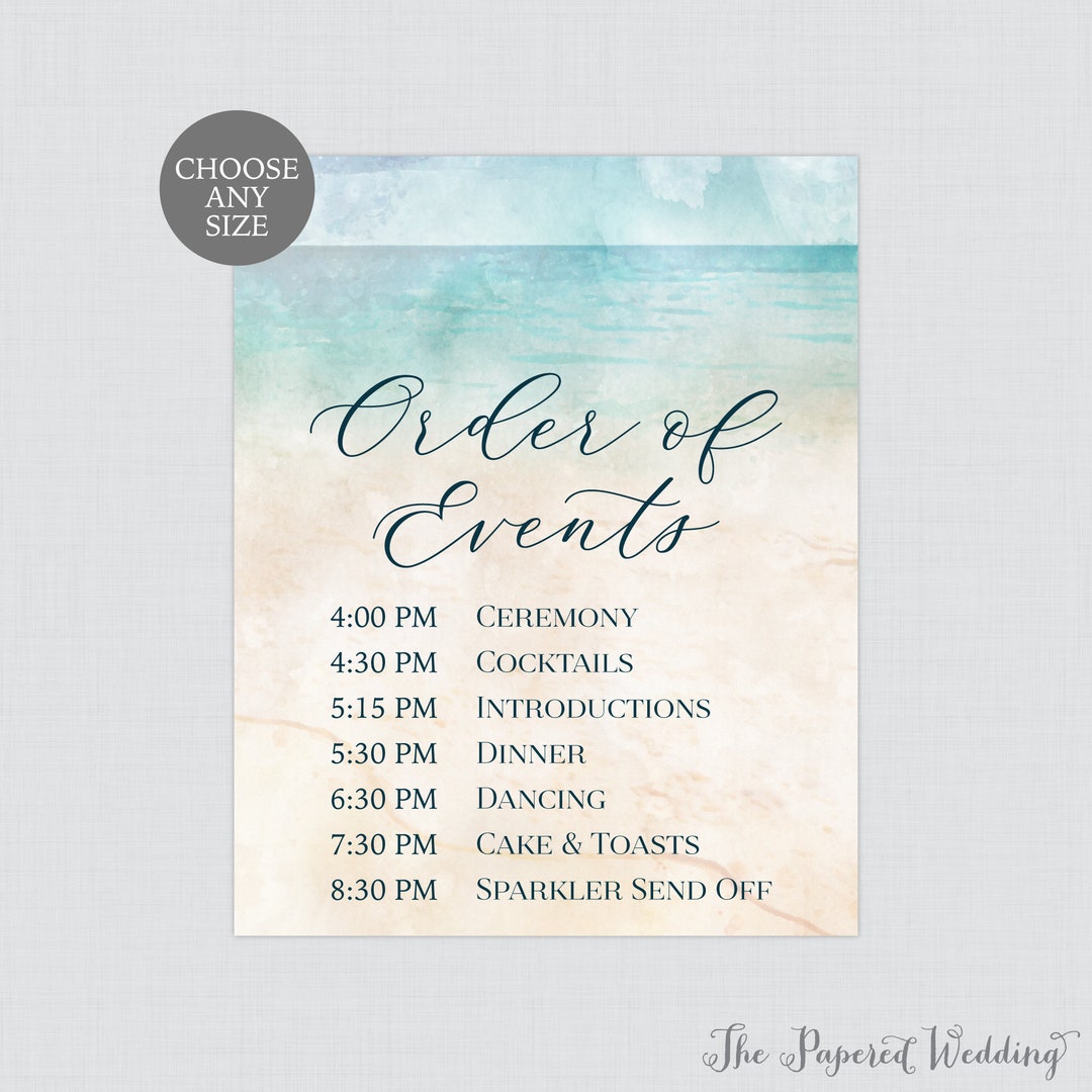Printable Beach Order of Events Sign - Watercolor Beach Themed Wedding ...