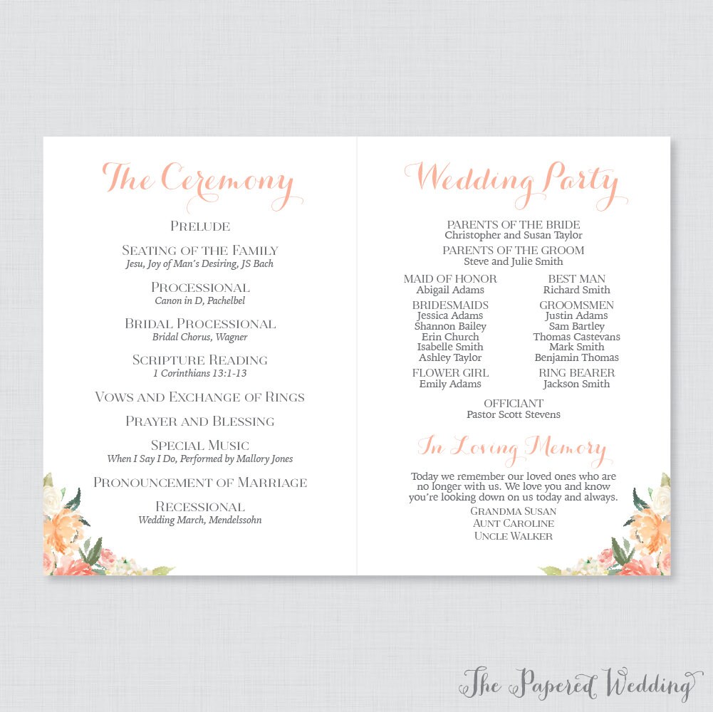 Printable OR Printed Wedding Program Booklet Peach Floral - Etsy