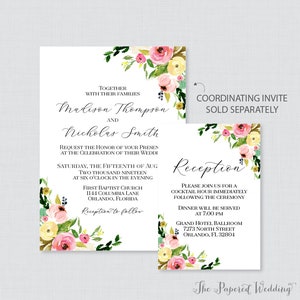 Printable OR Printed Wedding Reception Cards - Pink and Yellow Floral ...