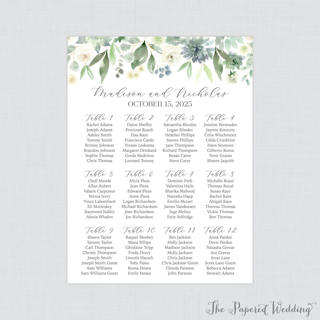 Printable Succulent Wedding Seating Chart - Watercolor Succulent and ...