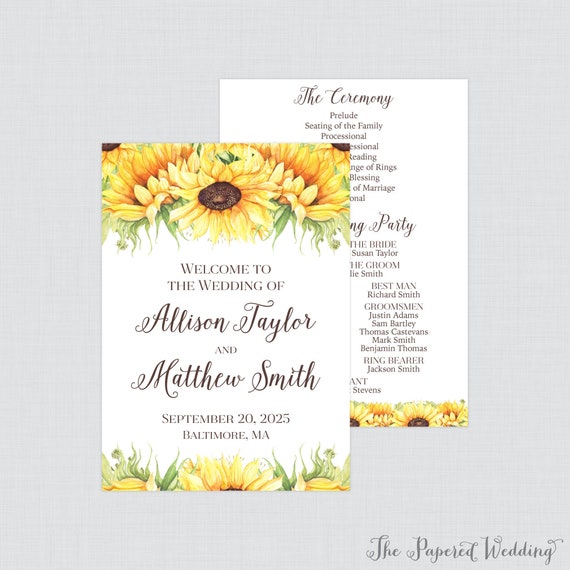 Printable OR Printed Sunflower Wedding Programs Rustic | Etsy