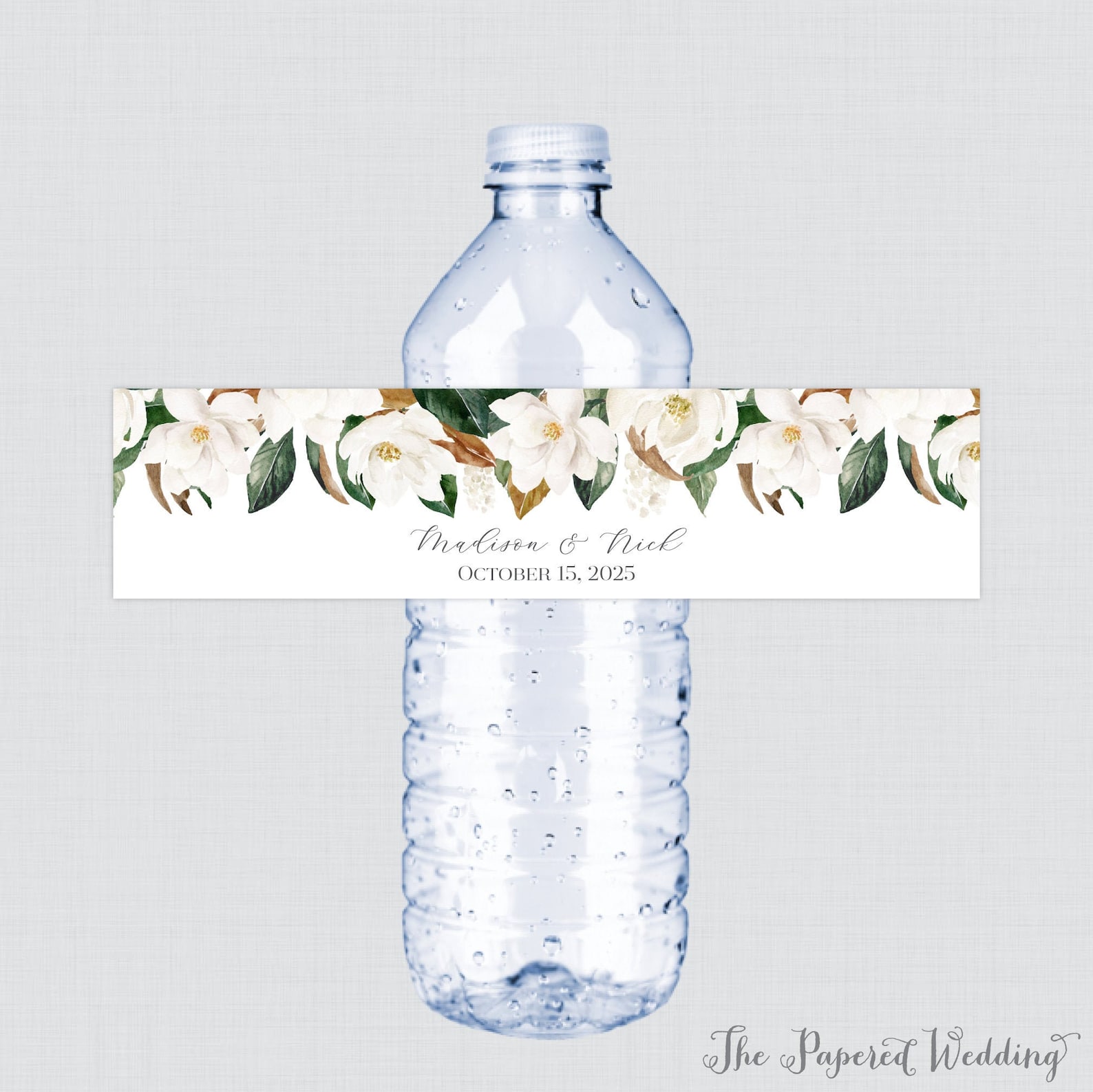 Printable OR Printed Magnolia Wedding Water Bottle Labels - White ...