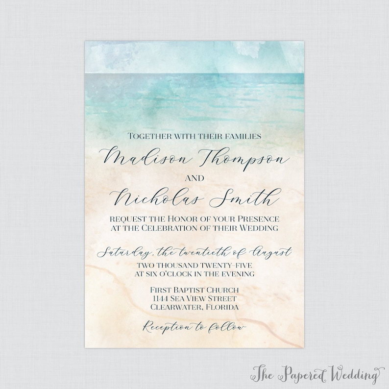 Printable OR Printed Beach Wedding Invitations - Watercolor Beach ...