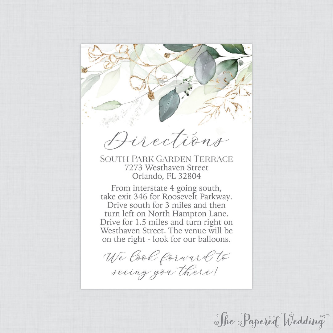 Printable OR Printed Green and Gold Wedding Directions Cards - Green Leaf and Gold Floral ...