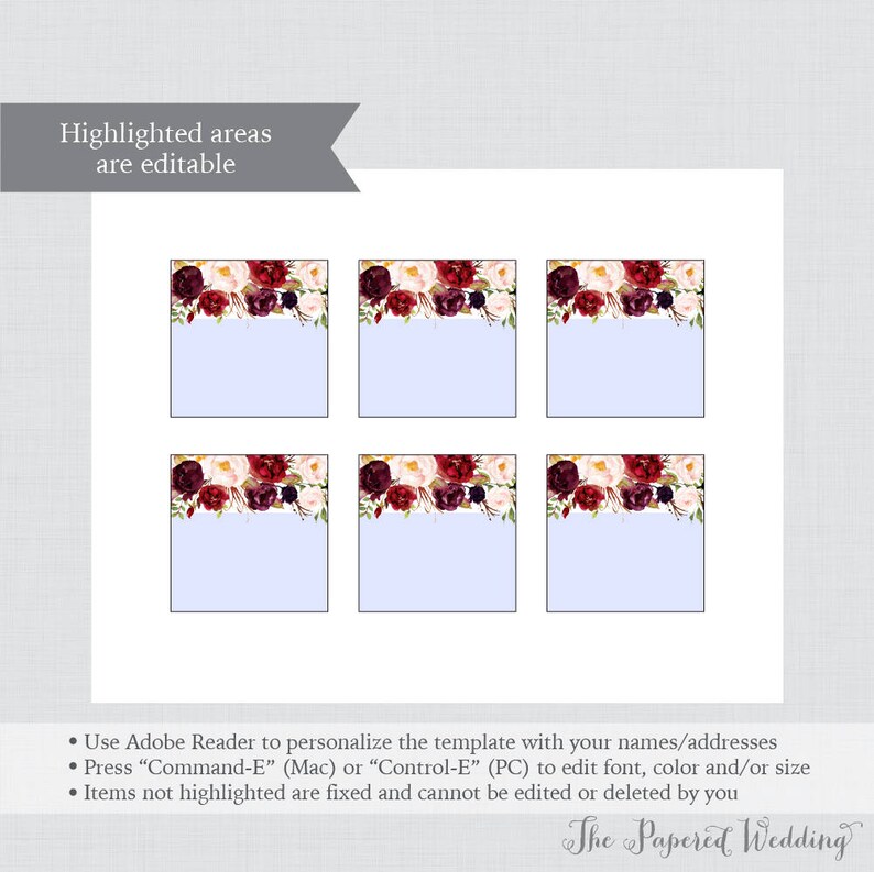 EDITABLE Wedding Tags Printable Marsala Floral Wedding | Etsy