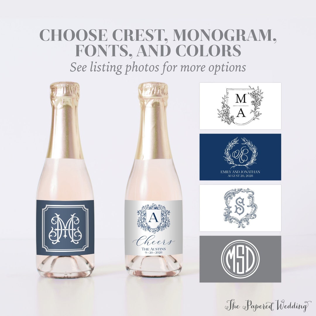 PRINTED Mini Champagne Bottle Labels Choose Your Crest, Monogram, Fonts ...