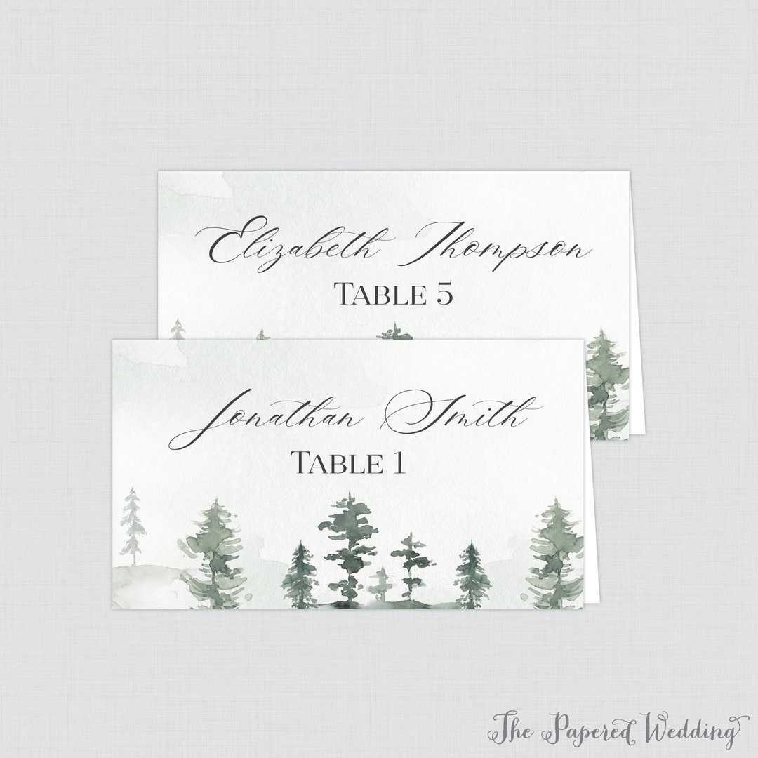 Printed Forest Wedding Place Cards - Personalized Green Watercolor ...