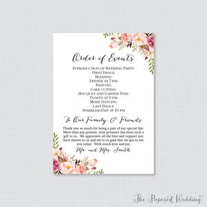 Printable OR Printed Wedding Reception Program - Pink Floral Wedding ...