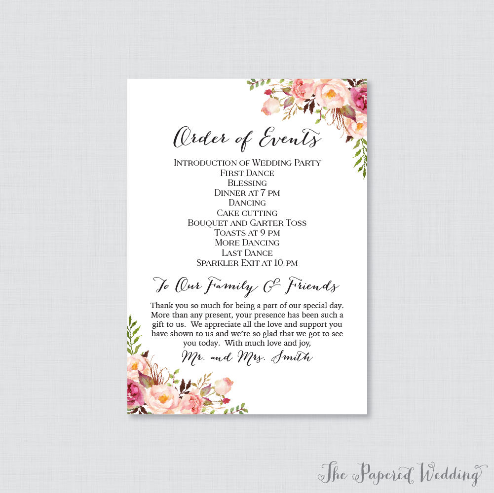 Printable OR Printed Wedding Reception Program Pink Floral | Etsy