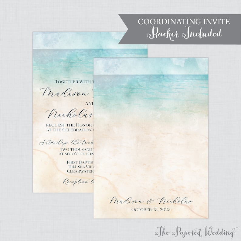 Printable OR Printed Beach Wedding Invitations - Watercolor Beach ...