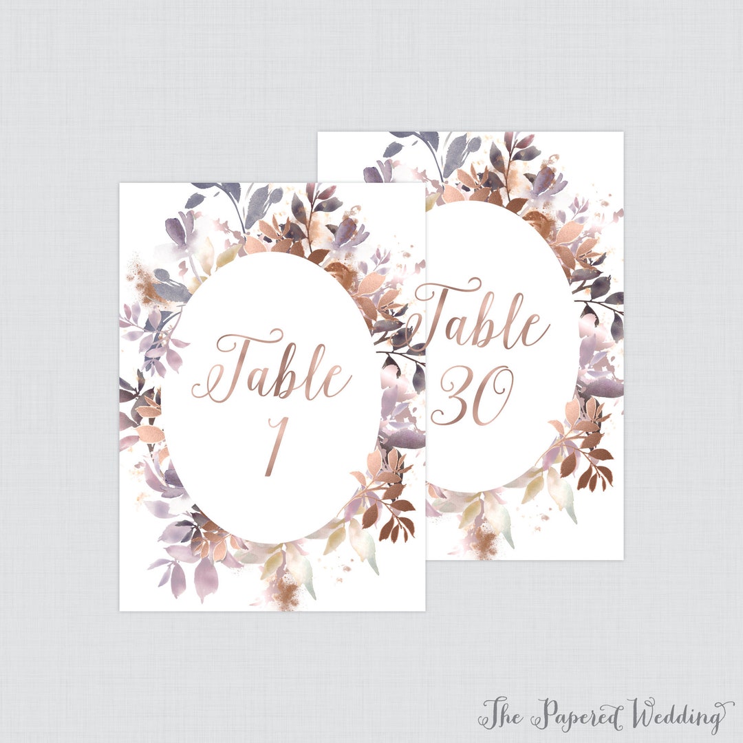Printable Rose Gold Wedding Table Numbers Rose Gold & Lavender Leaf ...