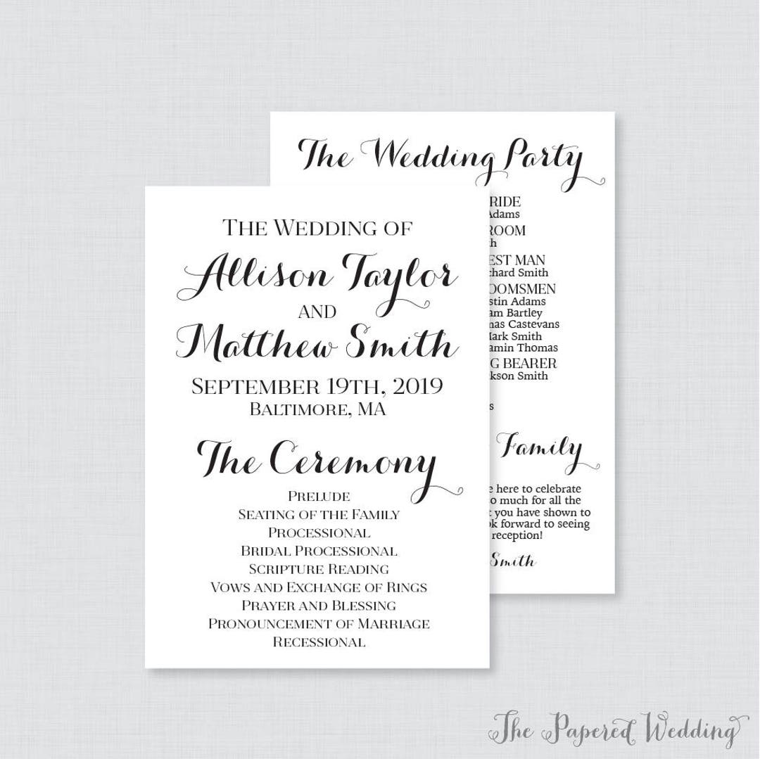 Printable OR Printed Wedding Programs Black and White Wedding Ceremony ...