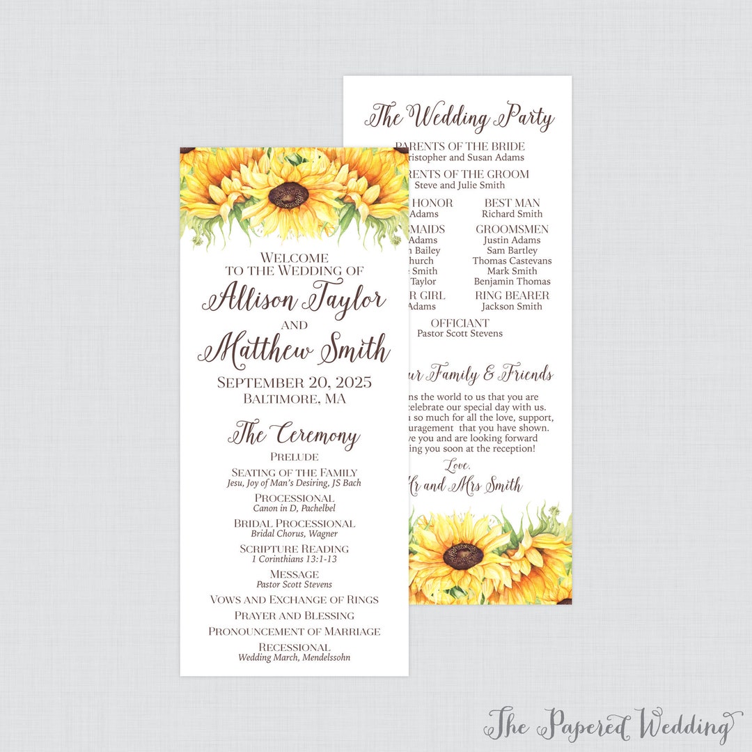 Printable OR Printed Sunflower Wedding Programs - Yellow Sunflower ...