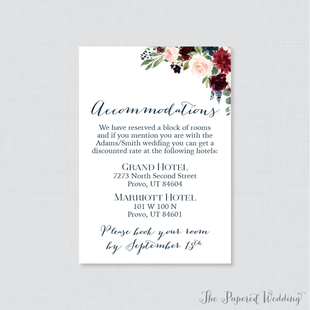 Printable OR Printed Wedding Accommodation Cards - Navy and Marsala ...