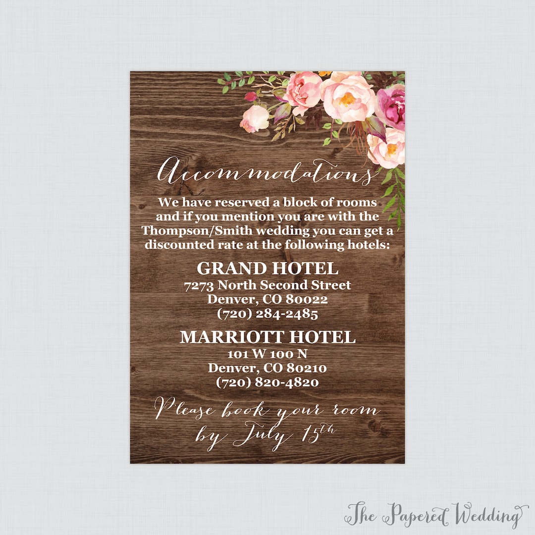 Printable OR Printed Rustic Wedding Accommodation Cards - Pink Floral ...