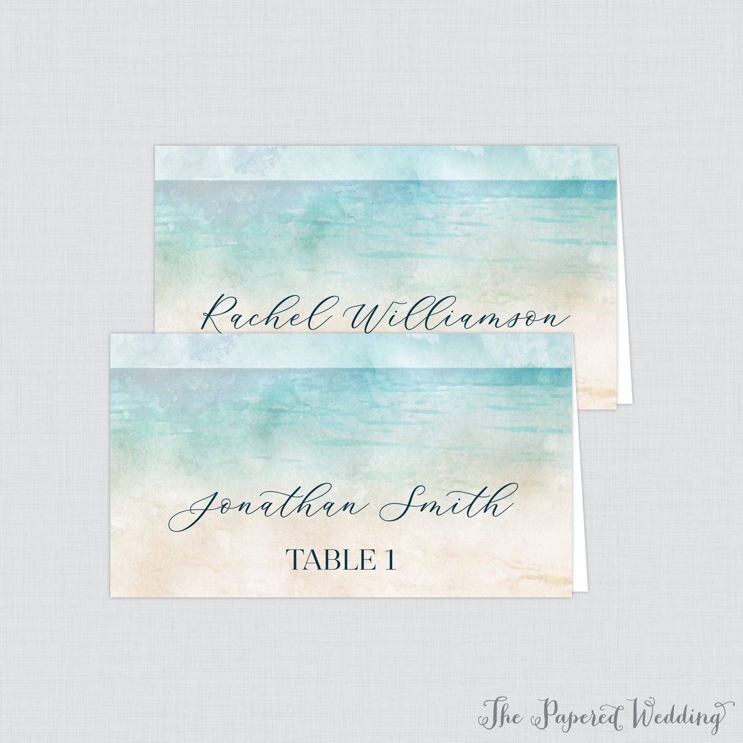 Printed Beach Wedding Place Cards - Watercolor Beach Themed Table Place ...