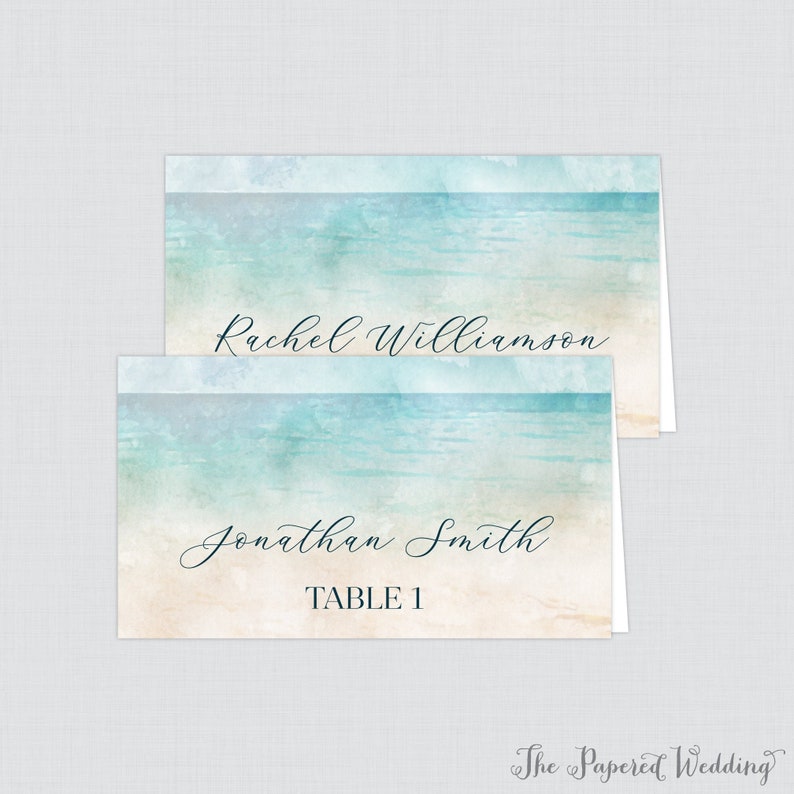 Printed Beach Wedding Place Cards - Watercolor Beach Themed Table Place ...