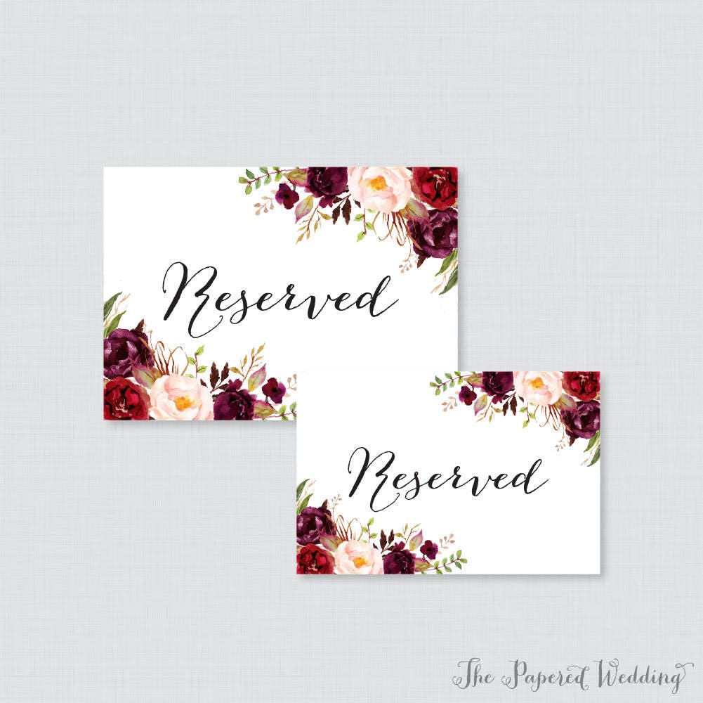 Printable Wedding Reserved Signs - Marsala Floral Reserved Seating Sign ...