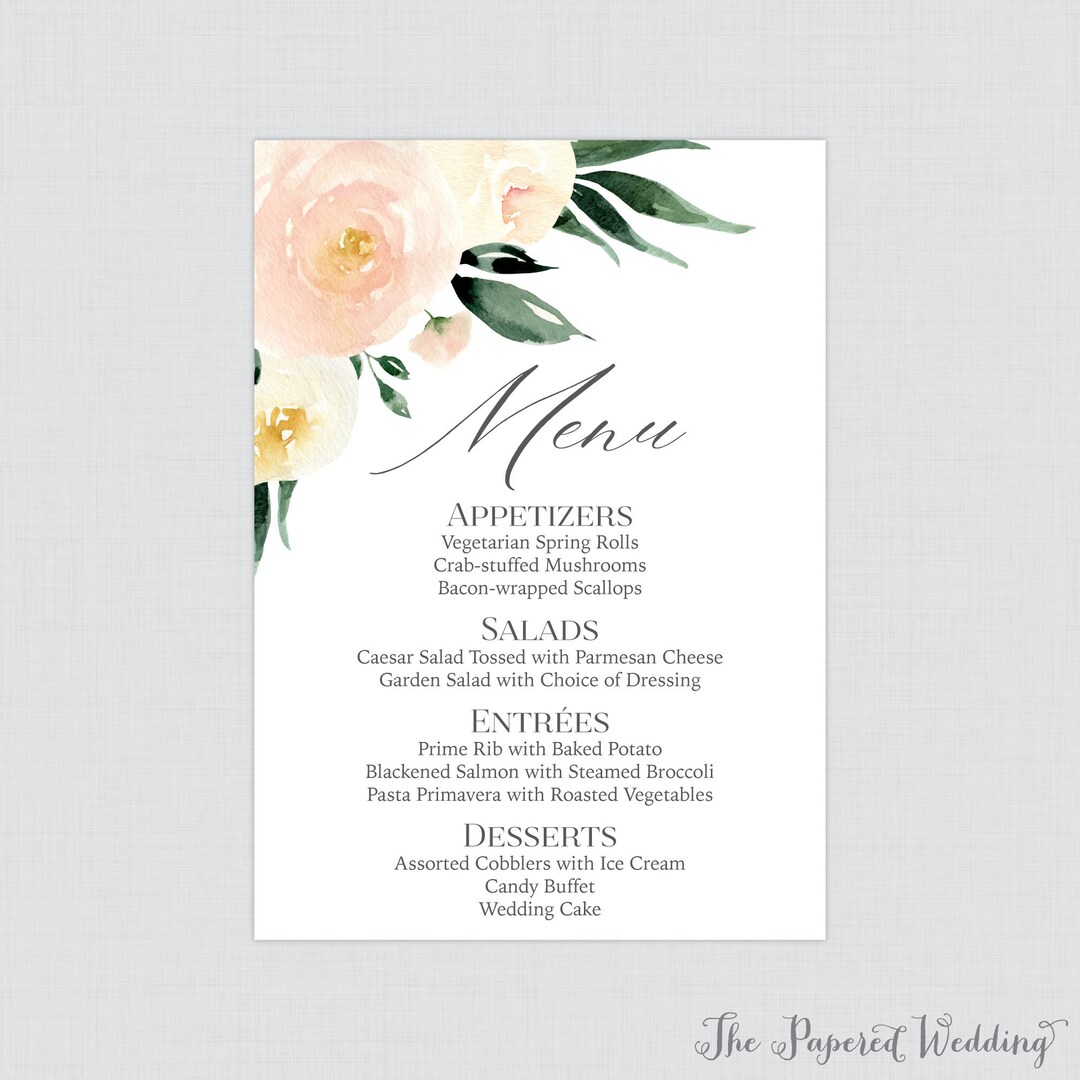 Printable OR Printed Ivory and Blush Pink Flower Menu - Pink & Cream ...