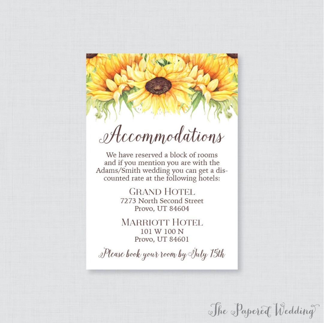 Printable OR Printed Wedding Accommodation Cards - Sunflower ...