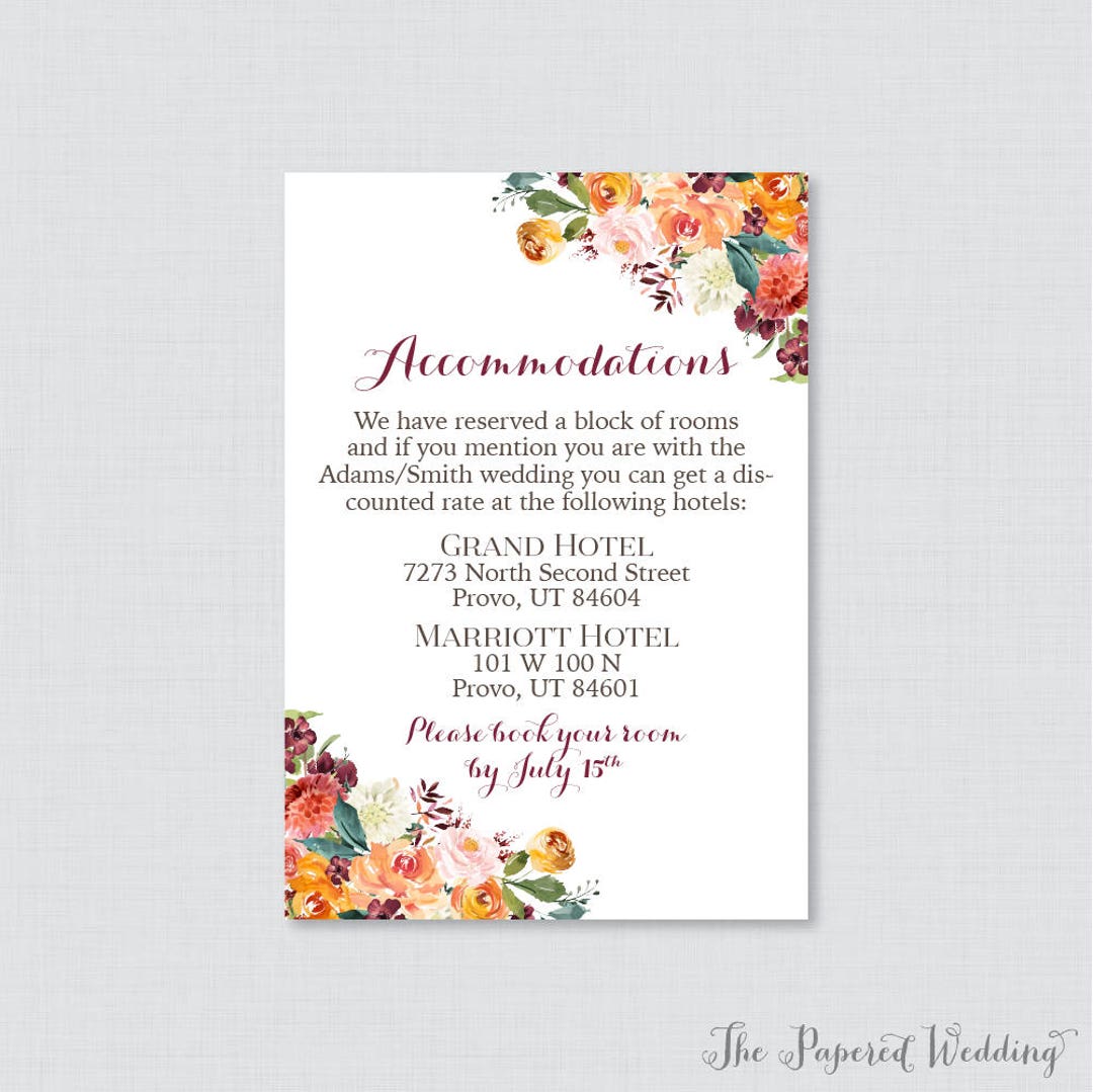 Printable OR Printed Wedding Accommodation Cards - Fall Accommodation ...