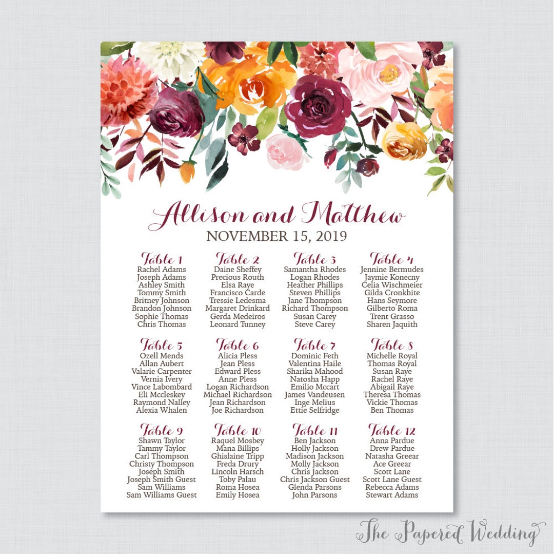 Printable Wedding Seating Chart - Fall Floral Wedding Seating Plan ...