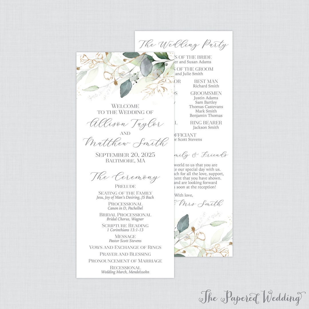Printable OR Printed Green and Gold Wedding Programs - Greenery ...
