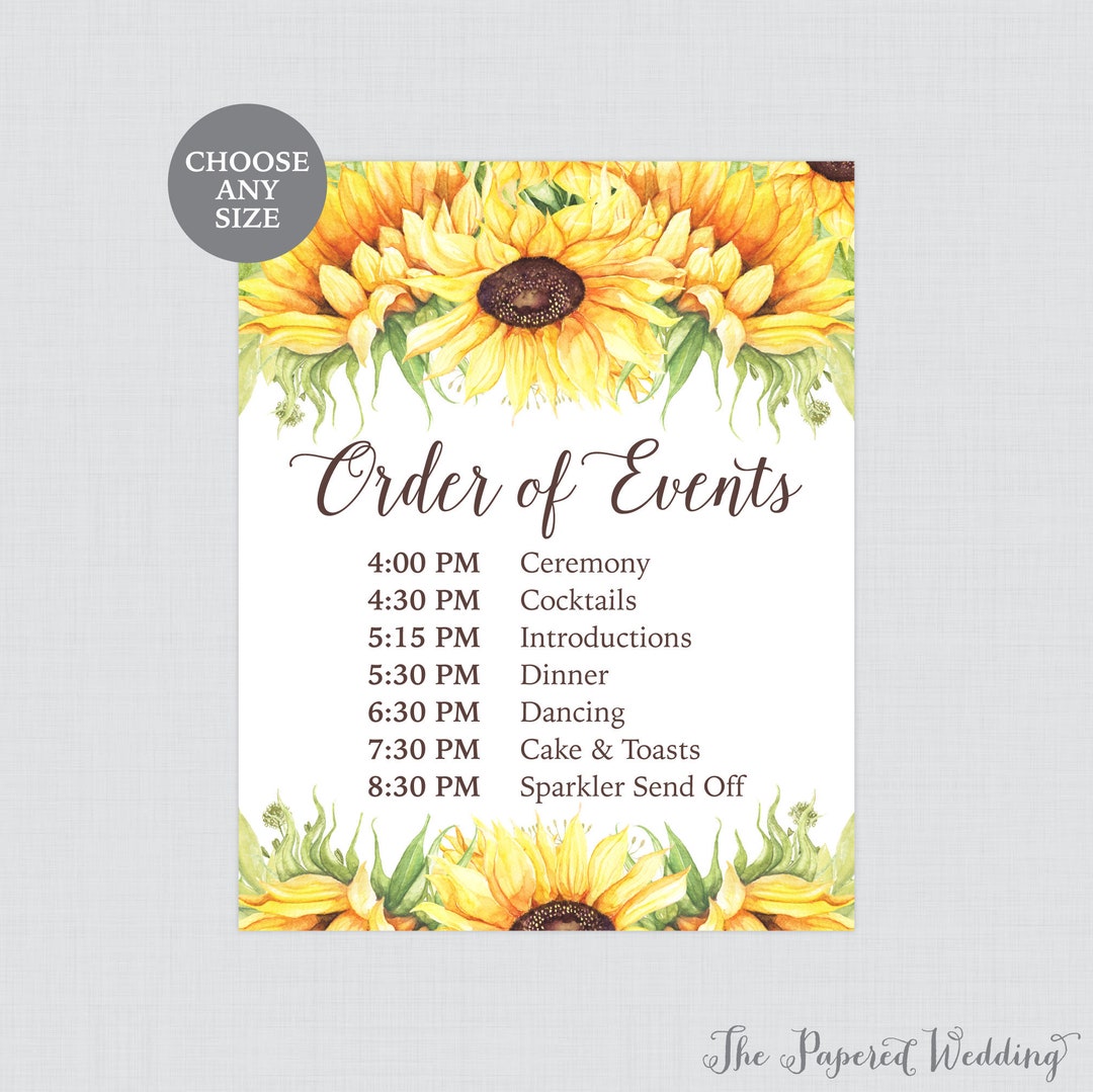 Printable Sunflower Order of Events Sign - Sunflower Wedding Order of ...