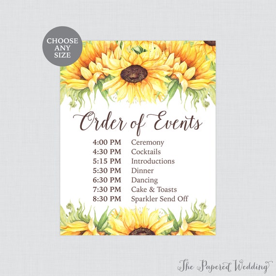 Printable Sunflower Order of Events Sign Sunflower Wedding - Etsy