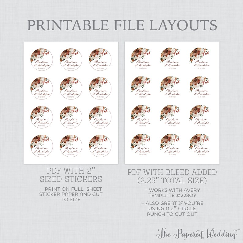 Printable OR Printed Autumn Floral Wedding Stickers in Rust and Cream ...