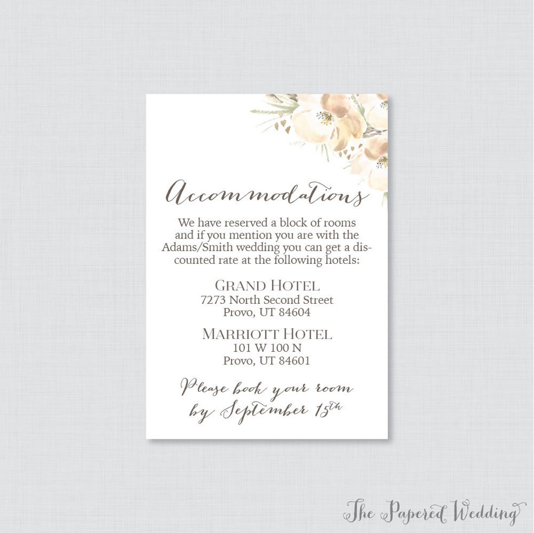 Printable OR Printed Wedding Accommodation Cards Rustic Floral ...