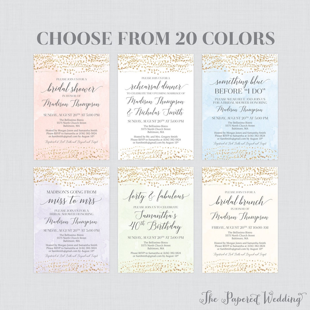 Printable OR Printed Watercolor Invitations With Gold Glitter Design ...