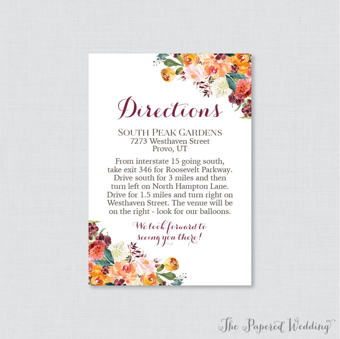 Printable OR Printed Wedding Direction Cards - Fall Floral Wedding ...
