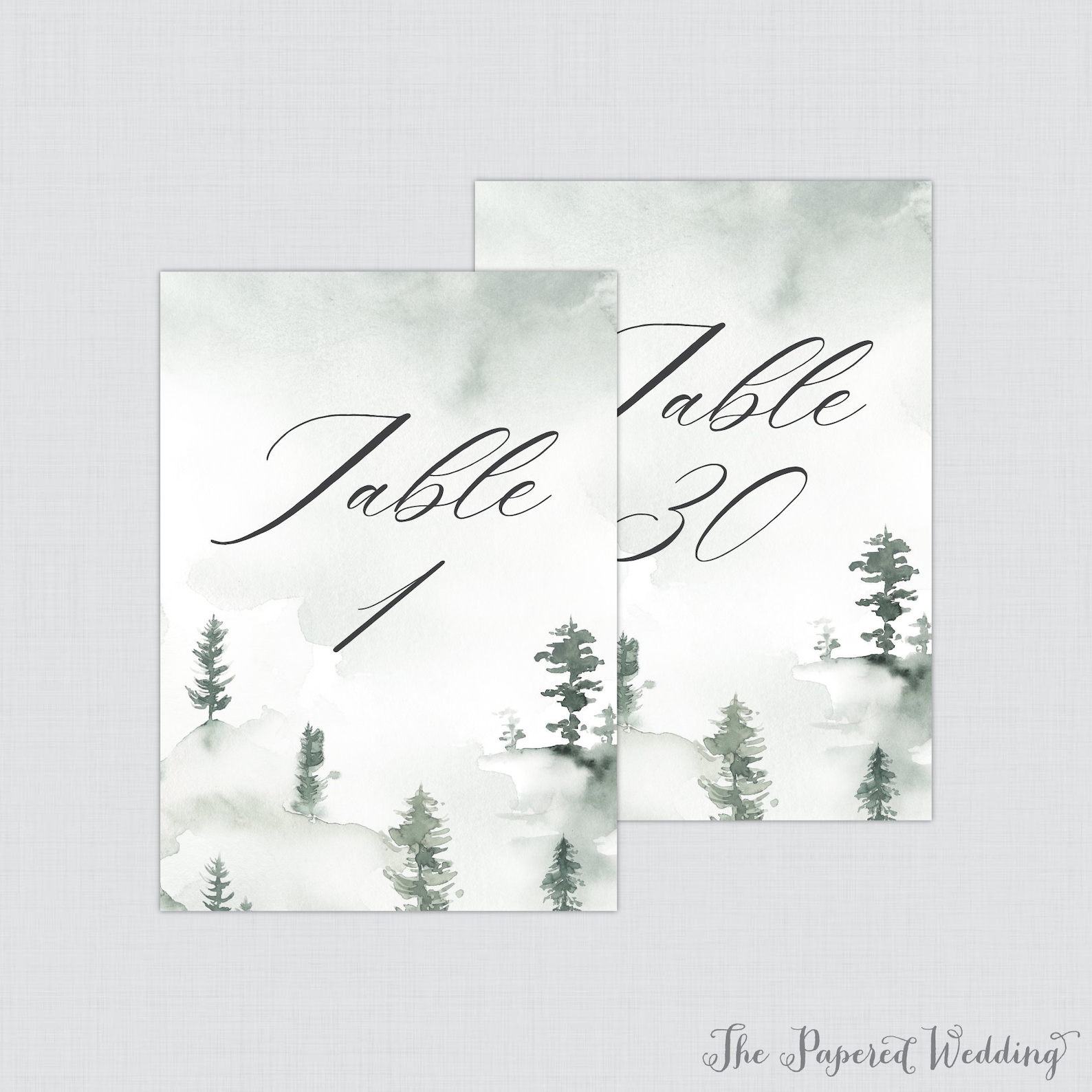 Printable Forest Wedding Table Numbers - Green Watercolor Trees Table ...