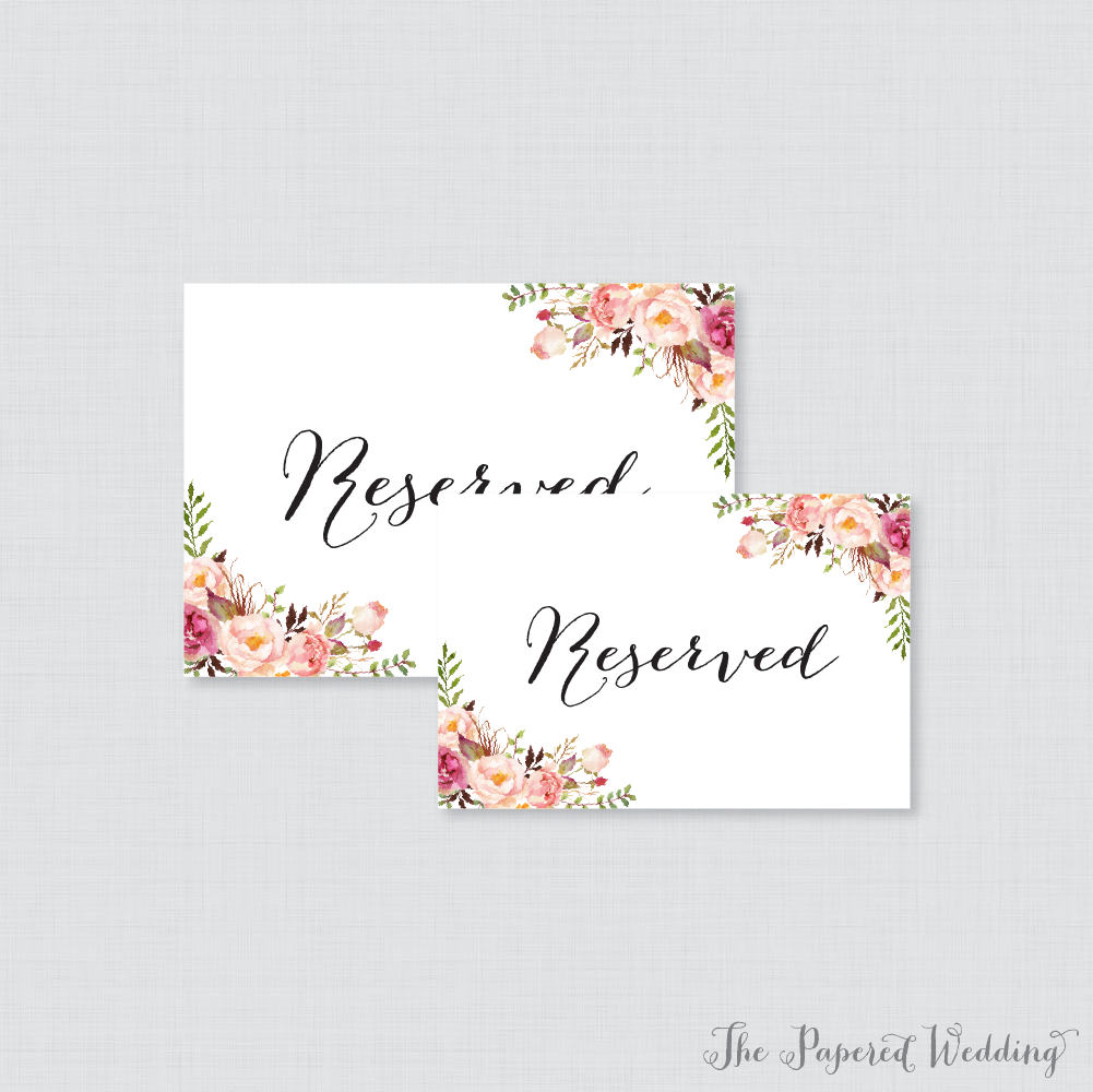Printable Wedding Reserved Signs Pink Floral Reserved | Etsy