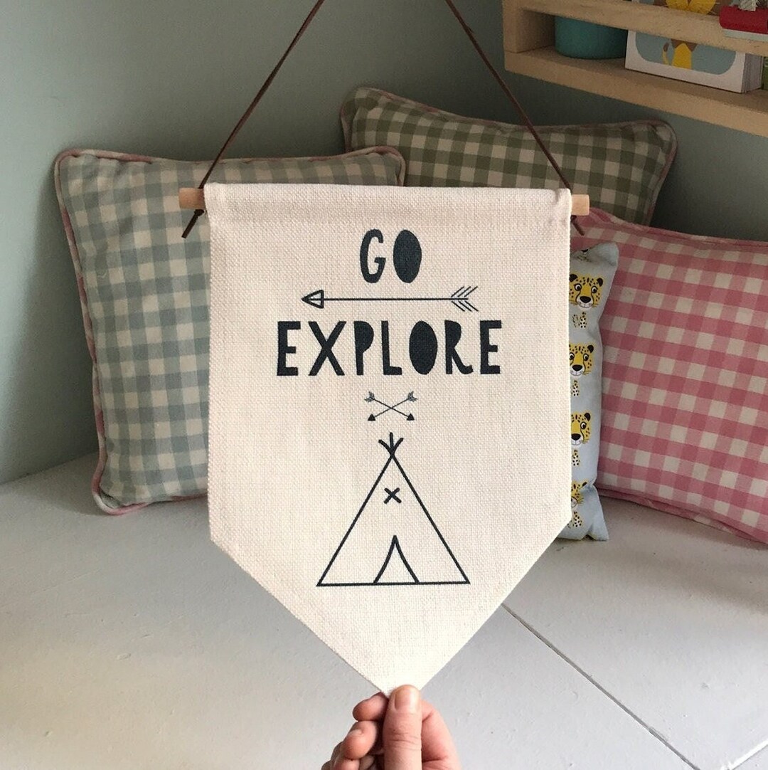 Go Explore Pennant Flag, Childrens Room Flag, Adventure Print, Nursery ...