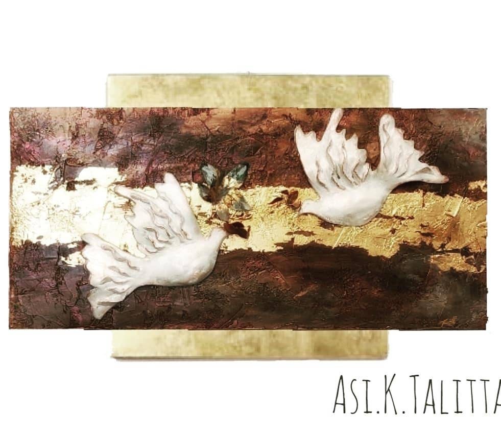 RENAISSANCE Fine Clay Art on Wood Clay Doves Gold Leaves-metal Olive ...