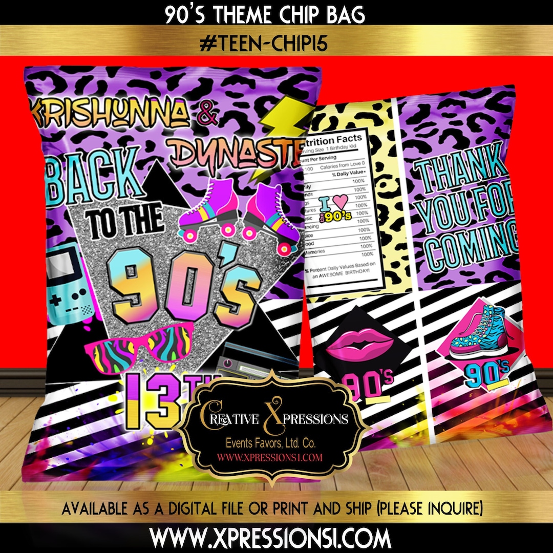 90's Theme Birthday Party Favor Chip Bag, 80's Theme Chip Bag, Purple ...