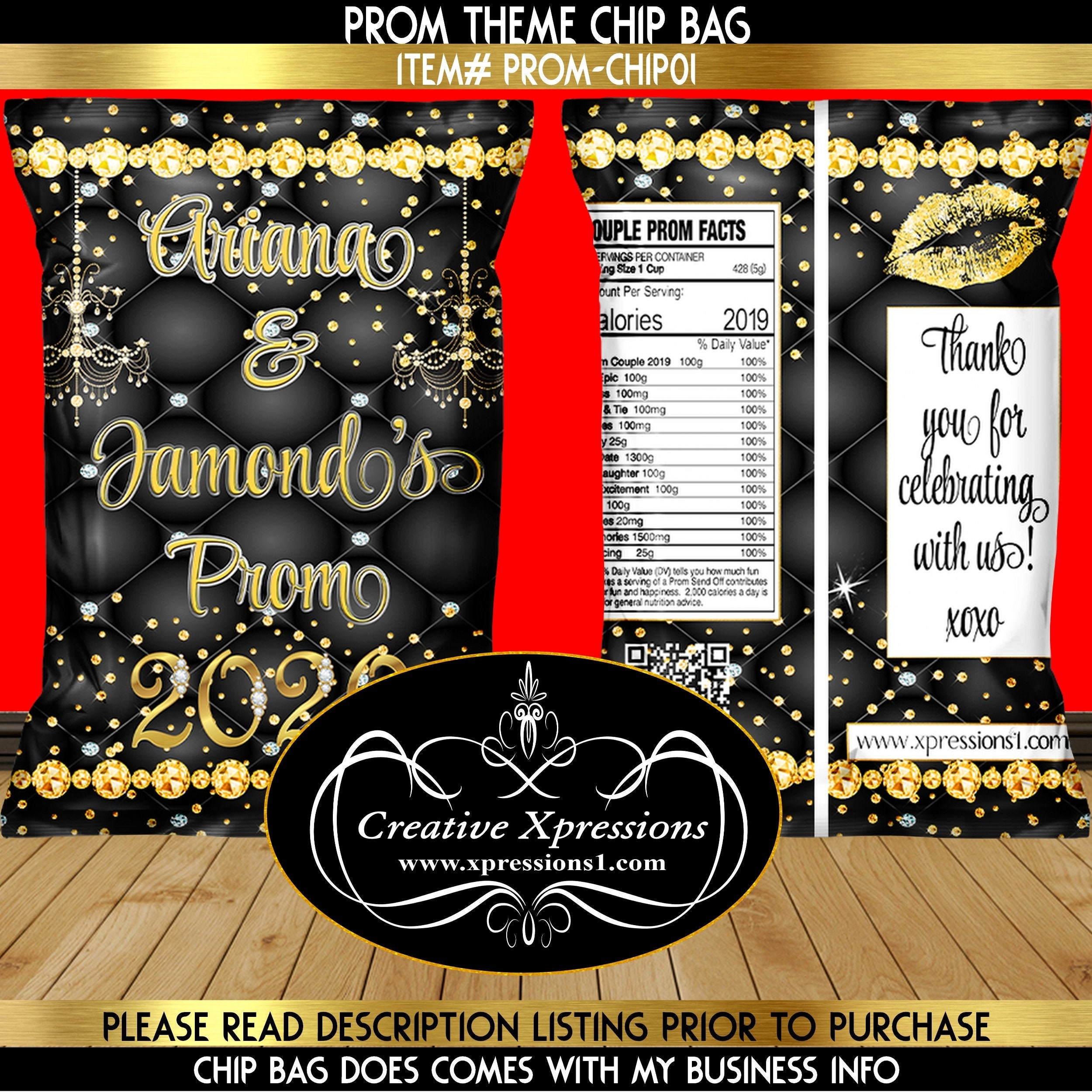 Black and Gold Prom Theme Chip Bag Prom Party Favor Dripping Bling ...