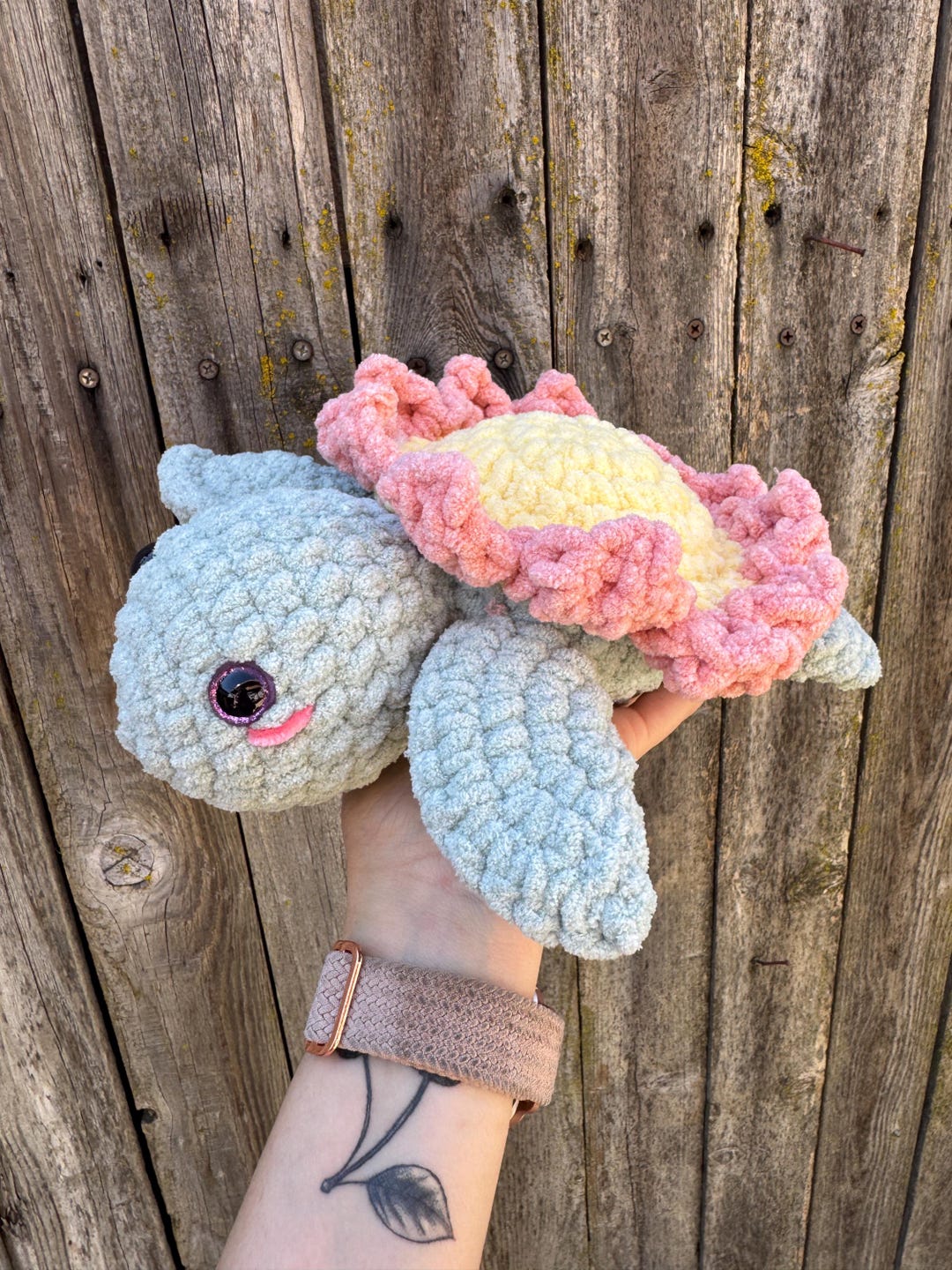 Flower Turtle Plushie – Crochet Turtle With Pink Petals & Yellow Flower ...