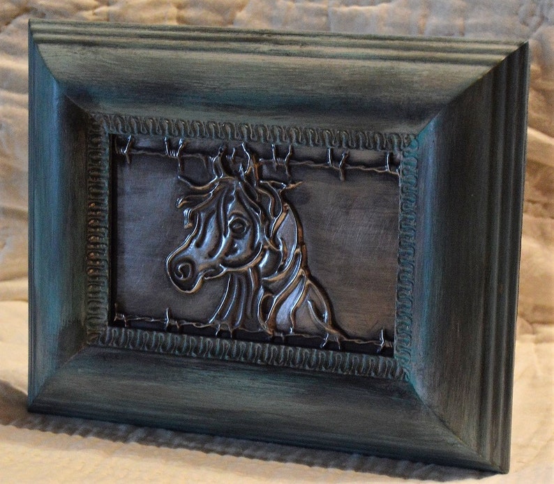 Western Horse Pewter Metal Art Embossed in a Distressed Chalk Paint ...