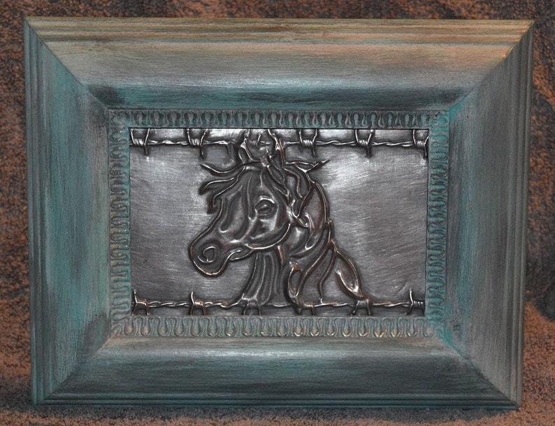 Western Horse Pewter Metal Art Embossed in a Distressed Chalk Paint ...