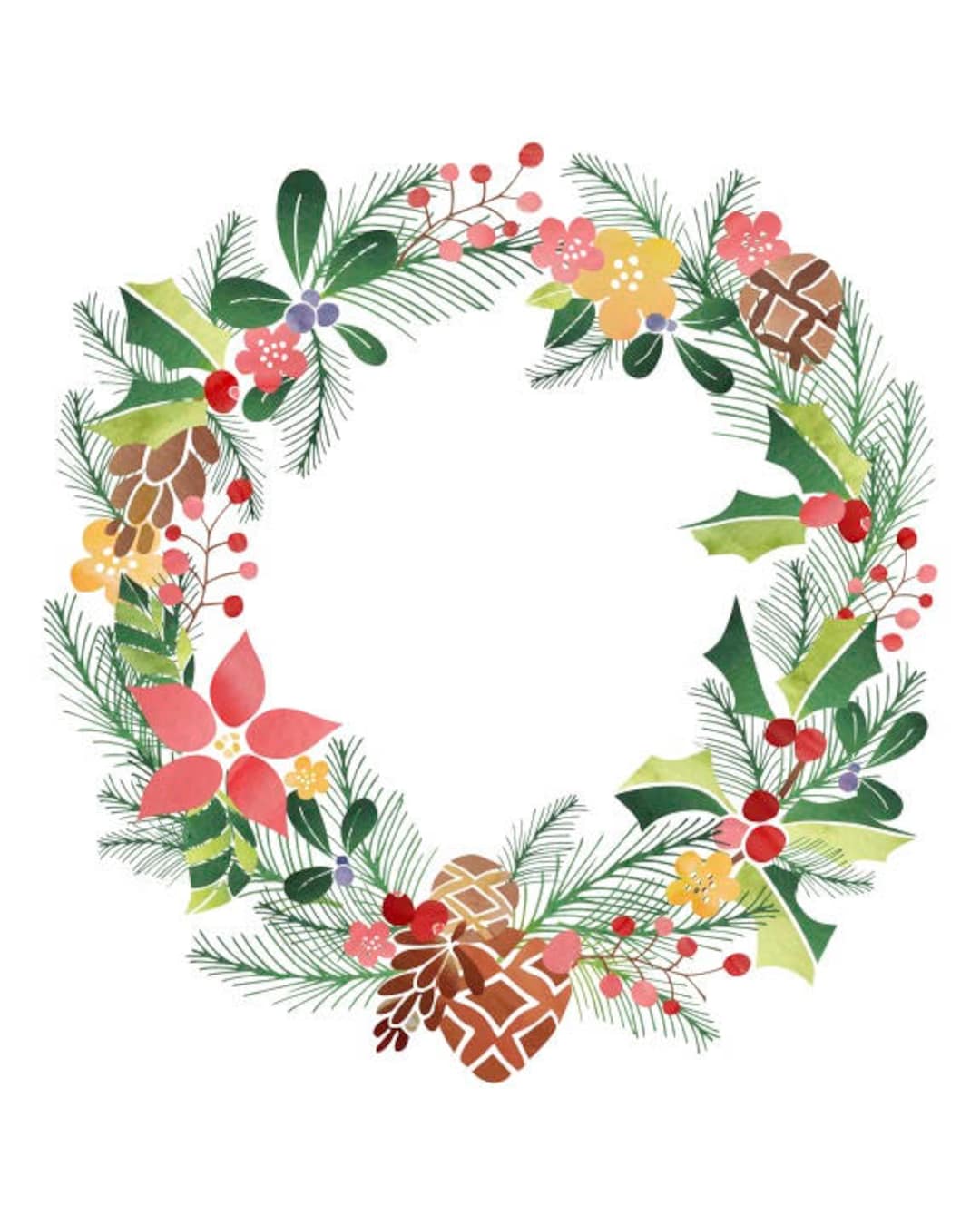 Holiday Botanical Wreath Watercolor Print - Etsy