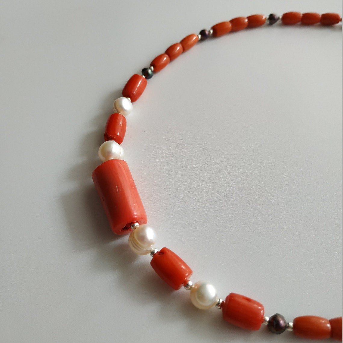 Coral Pearls Jewelry Orange Coral Necklace With White and Blue - Etsy