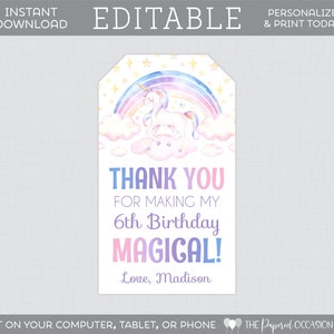 Editable Unicorn Birthday Party Gift Tags Rainbow Unicorn Themed Party ...