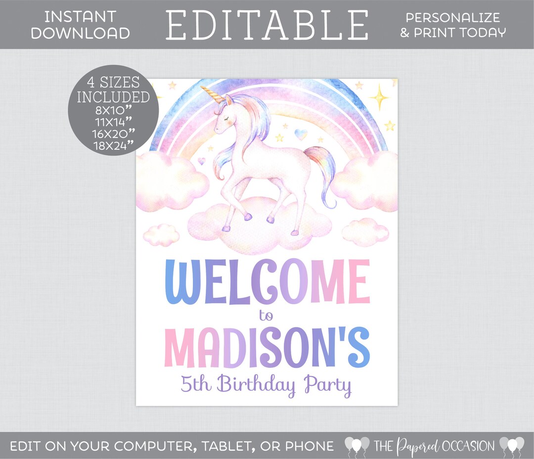 Editable Unicorn Themed Birthday Party Welcome Sign - FOUR Sizes ...