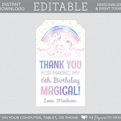 Editable Unicorn Favor Tags Unicorn Magical Birthday Thank You - Etsy