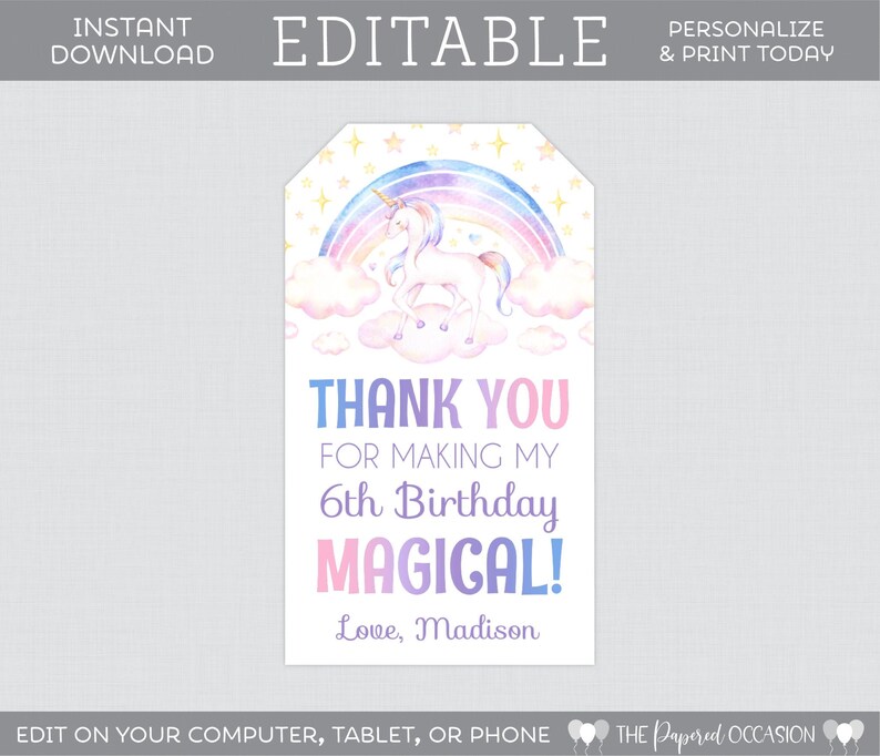 Editable Unicorn Birthday Party Gift Tags Rainbow Unicorn Themed Party ...