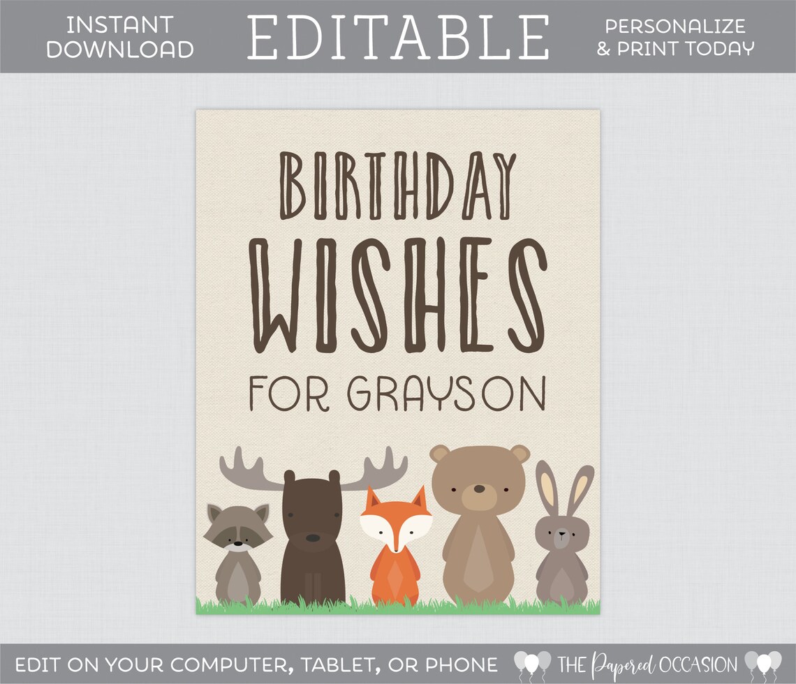 Editable Woodland Birthday Wishes Cards and Sign Printable - Etsy Hong Kong